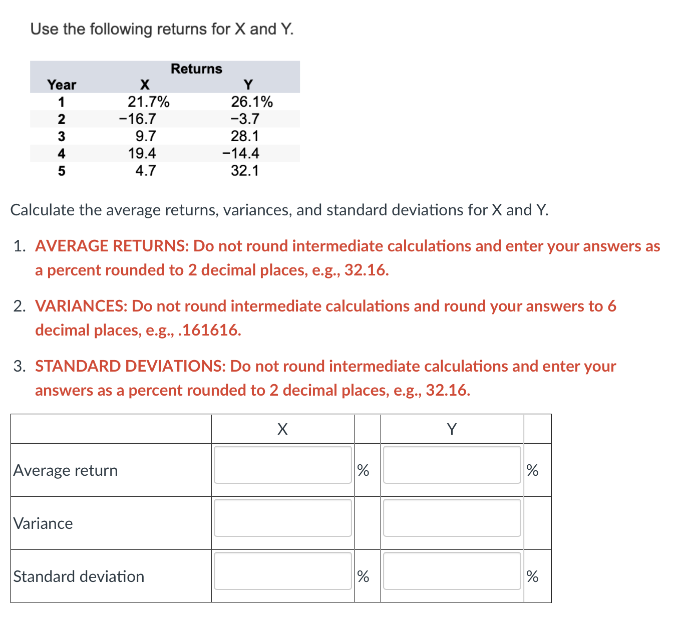 Solved Use the following returns for X and Y. Calculate the | Chegg.com