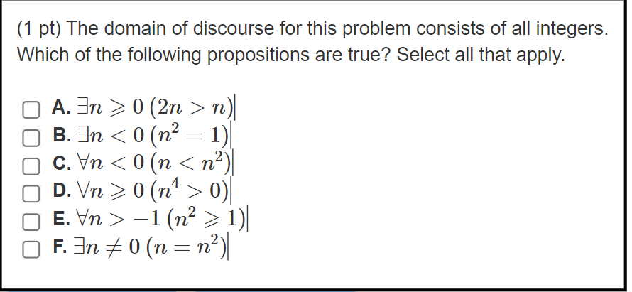 Solved (1 pt) The domain of discourse for this problem | Chegg.com