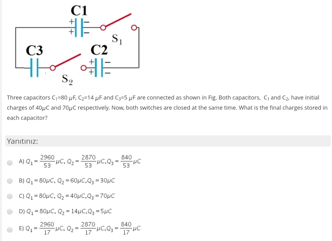 Solved C1 СЗ S C2 S2 Three capacitors C1=80 uF, C2=14 uF and | Chegg.com