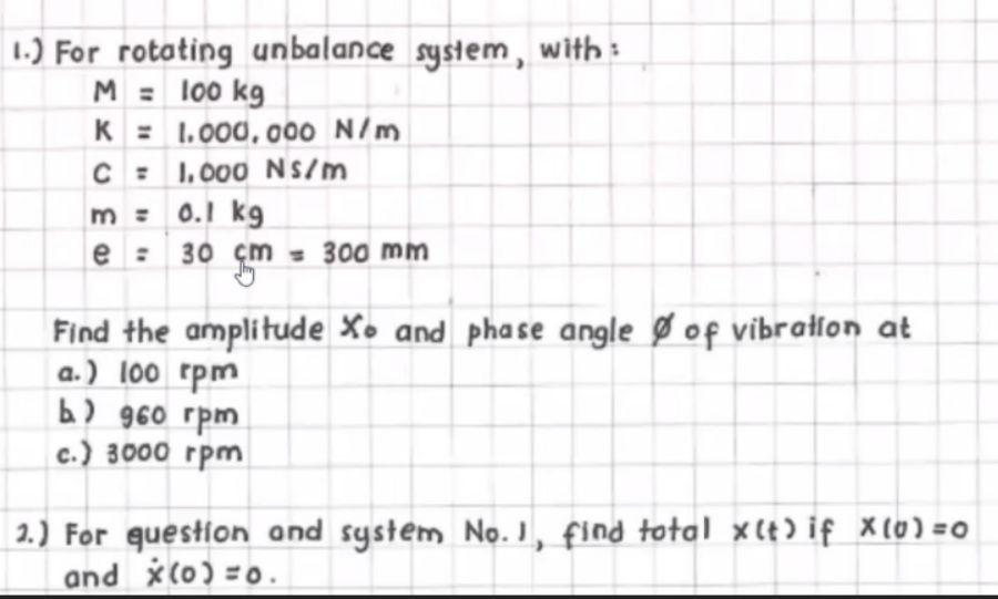 Solved 1.) For rotating unbalance system, with: M = 100 kg K | Chegg.com
