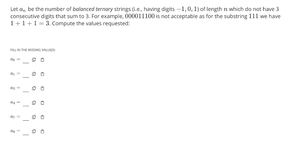 Solved Let an be the number of balanced ternary strings | Chegg.com