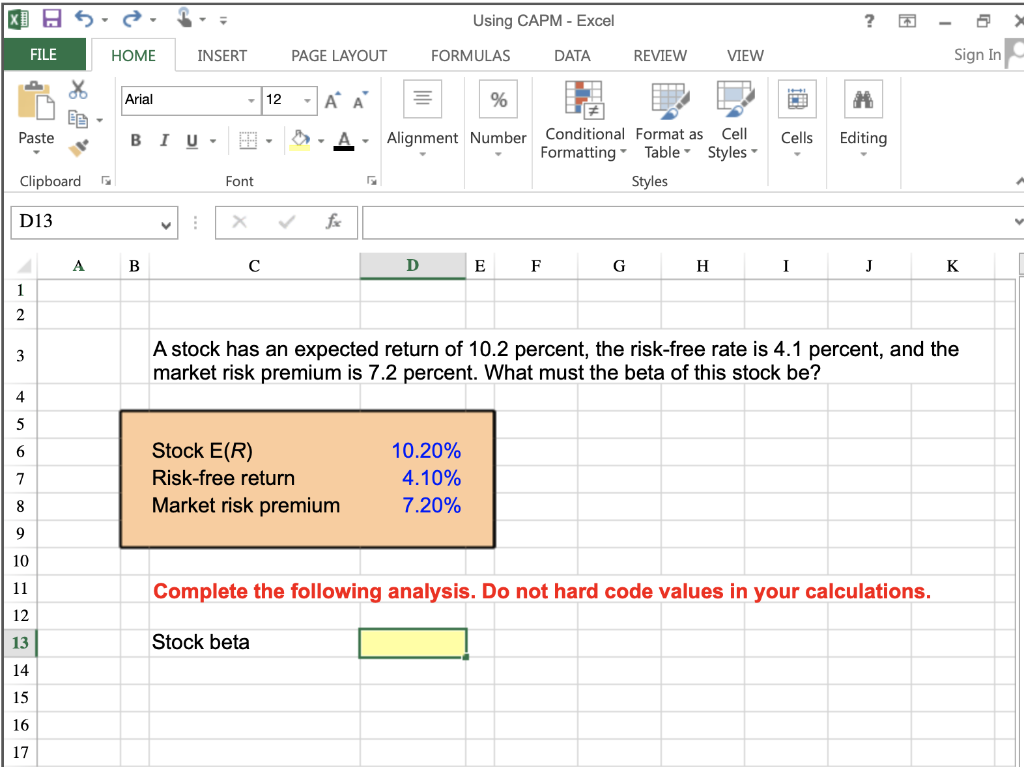 Solved Using CAPM - Excel ? 6 FILE HOME INSERT PAGE LAYOUT | Chegg.com