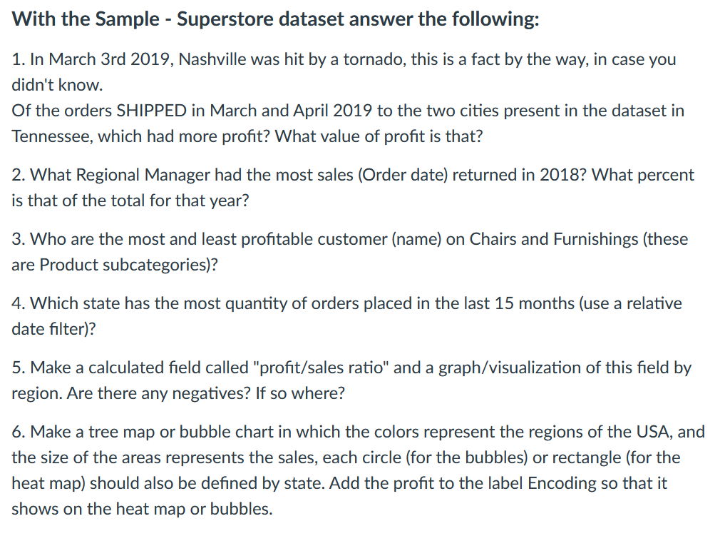 With the Sample - Superstore dataset answer the | Chegg.com
