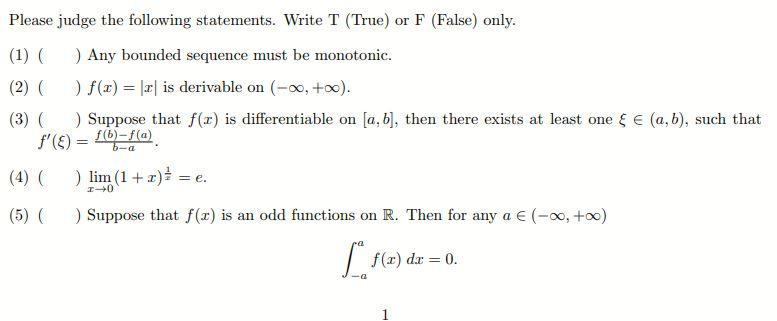 Solved Please judge the following statements. Write T (True) | Chegg.com