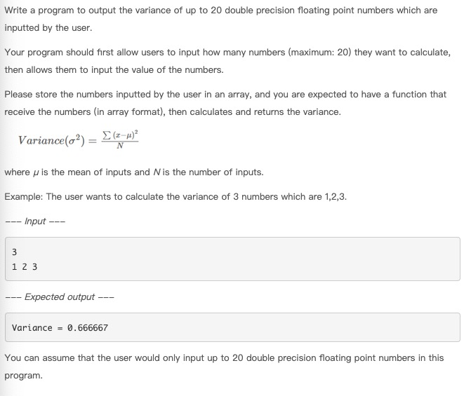 Solved Write a program to output the variance of up to 20 | Chegg.com