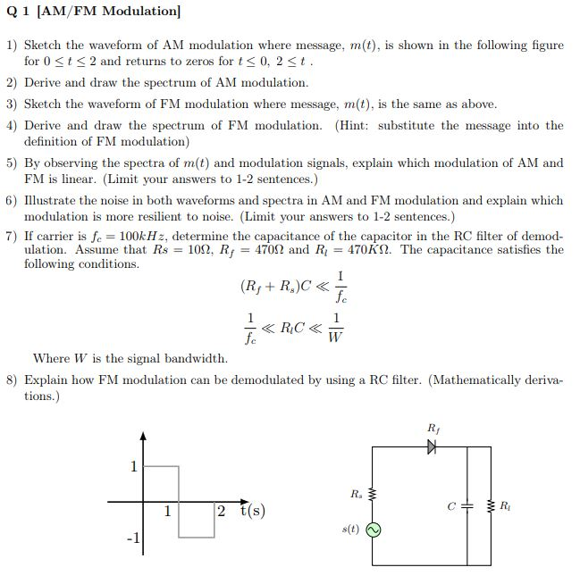 Q 1 [AM/FM Modulation] 1) Sketch the waveform of AM | Chegg.com