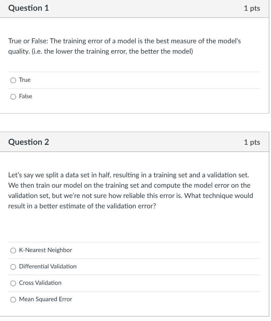 Solved True or False: The training error of a model is the | Chegg.com