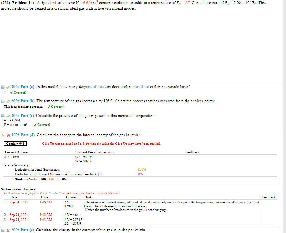 Solved (7\%) Problem 14: A rigid tank of volume V=0.014 m3 | Chegg.com