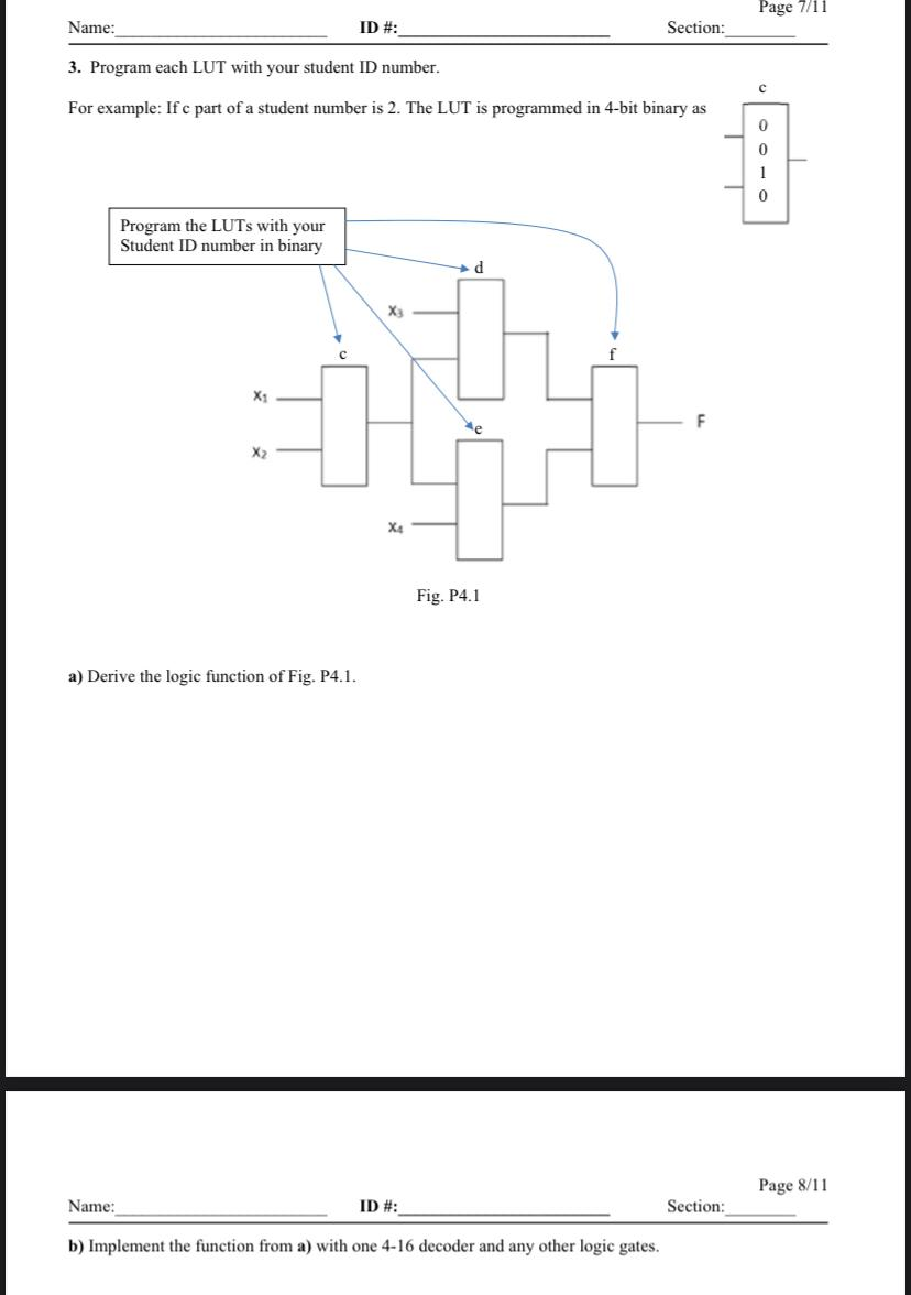 Solved Page 7/11 Name: ID #: Section: 3. Program each LUT | Chegg.com