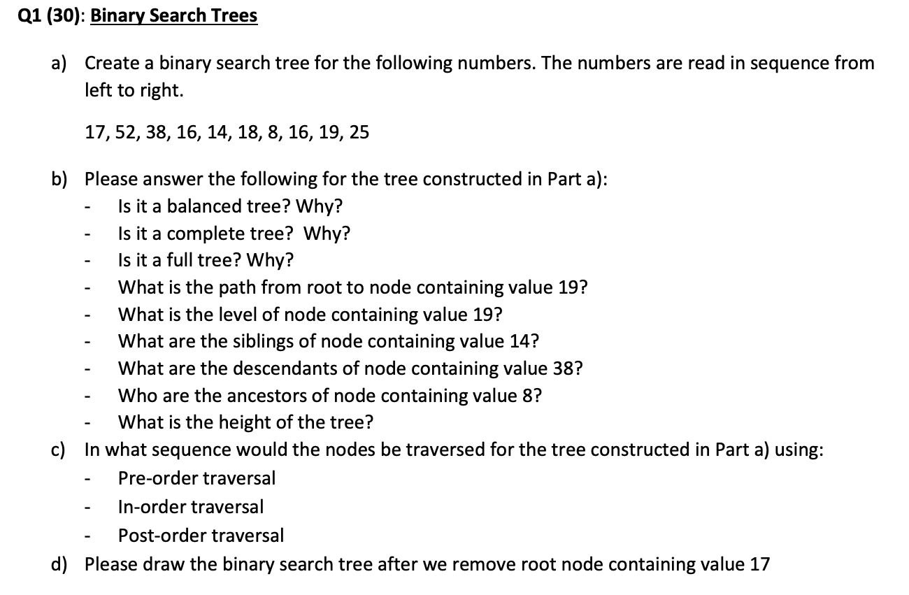 Solved Q1 (30): Binary Search Trees a) Create a binary | Chegg.com