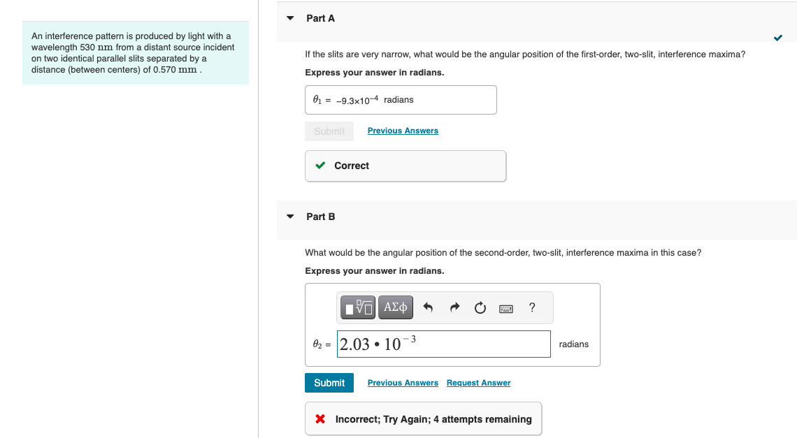 Solved An interference pattern is produced by light with a | Chegg.com