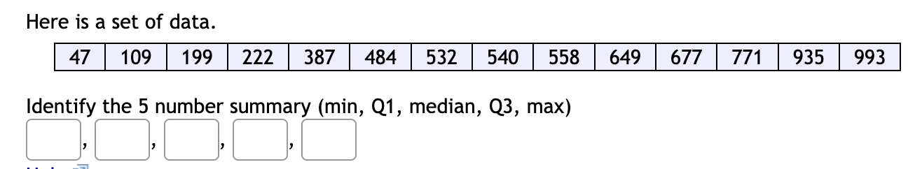 Solved Here is a set of data. Identify the 5 number summary | Chegg.com
