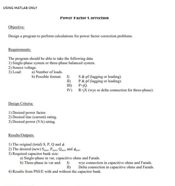 USING MATLAB ONLY Power Factor Correction Objective: | Chegg.com