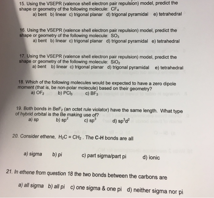 Solved 15. Using the VSEPR (valence shell electron pair | Chegg.com