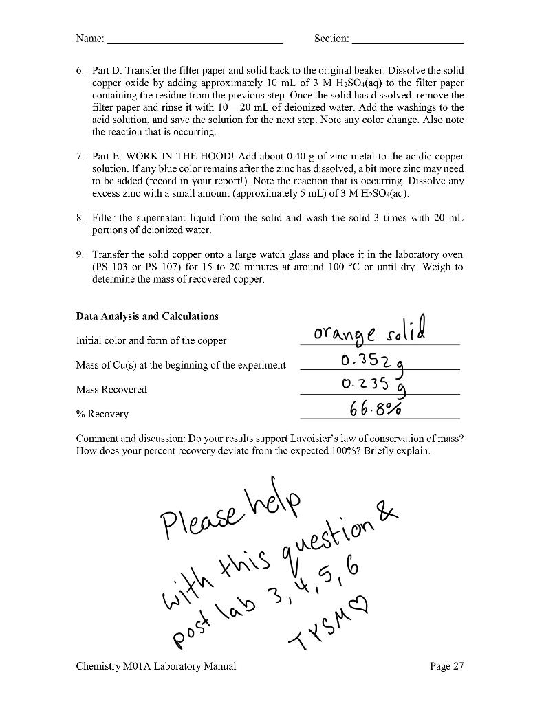 Solved Name: Section: Experiment #6: Synthesis of Copper(II) | Chegg.com