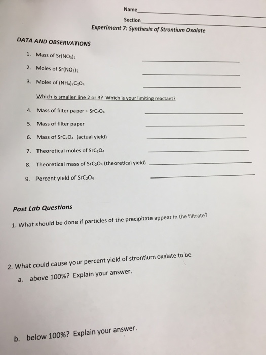 Solved Name Section Experiment 7: Synthesis of Strontium | Chegg.com
