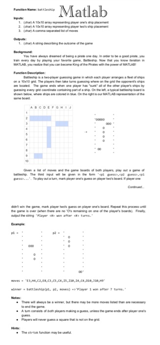 Solved Matlab Function Name: battleship 1. (ch A 10x 10anay | Chegg.com