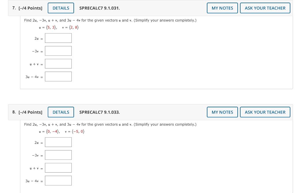 Solved 4 Points] SPRECALC7 9.1.031. Find 2u,−3v,u+v, and | Chegg.com