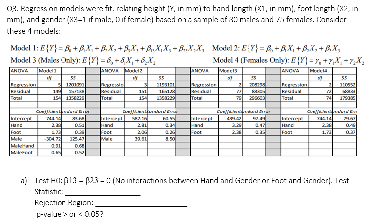 Solved Q3. Regression models were fit, relating height (Y, | Chegg.com