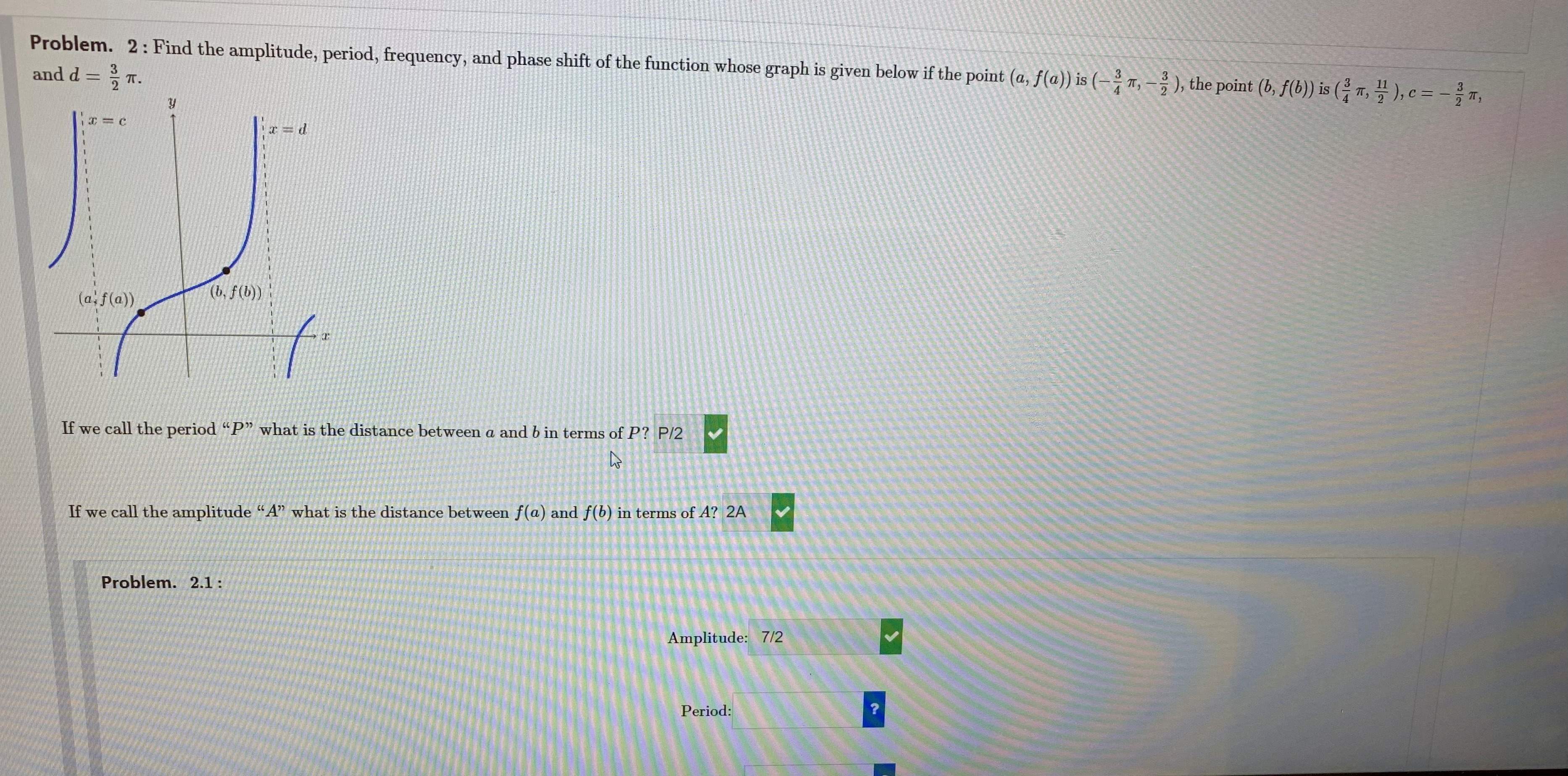 Solved Problem. 2 : Find the amplitude, period, frequency, | Chegg.com