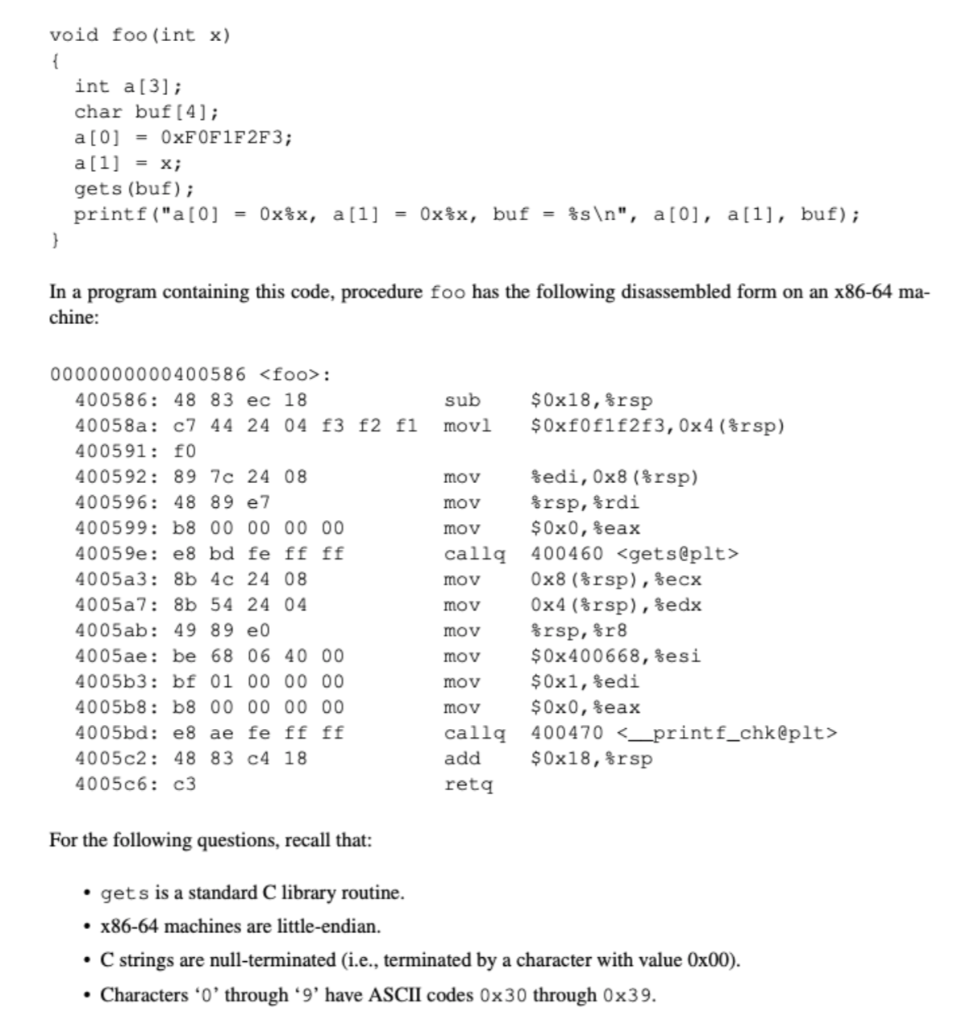 Solved void foo (int x) { int a [3]; char buf[4]; a [0] = | Chegg.com