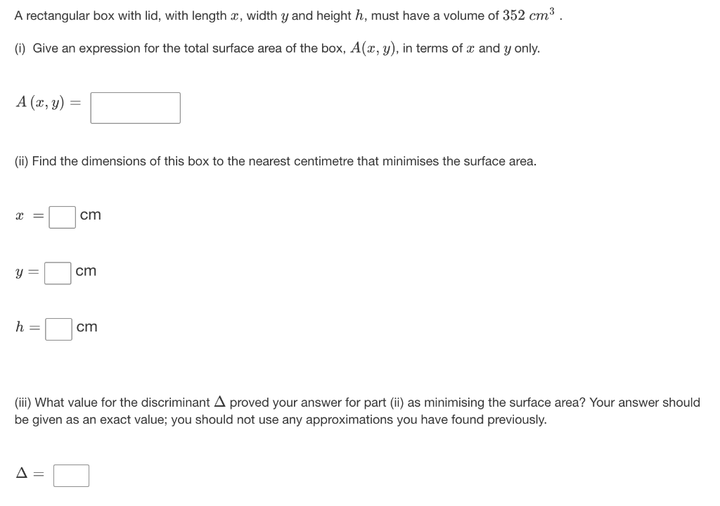 Solved A rectangular box with lid, with length x width y and | Chegg.com
