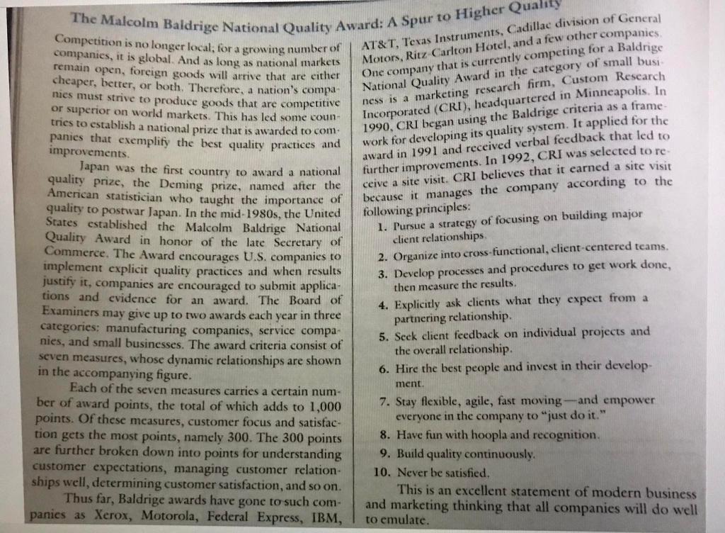Solved The Malcolm Baldrige National Quality Award: A Spur | Chegg.com