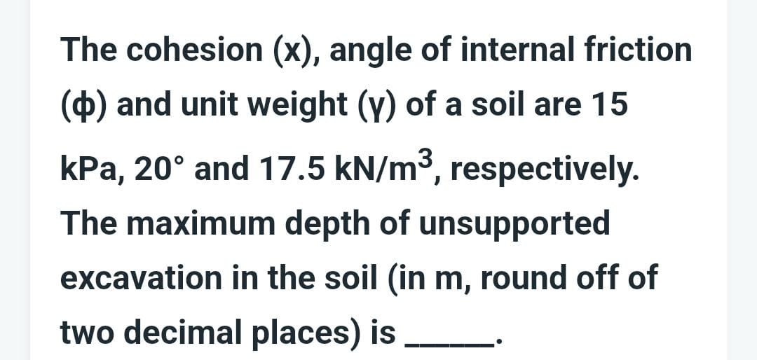 Solved The cohesion (x), ﻿angle of internal friction( φ ﻿and | Chegg.com