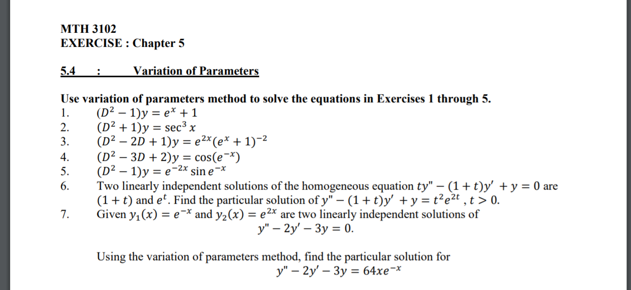 Solved MTH 3102 EXERCISE : Chapter 5 5.4 : Variation of | Chegg.com