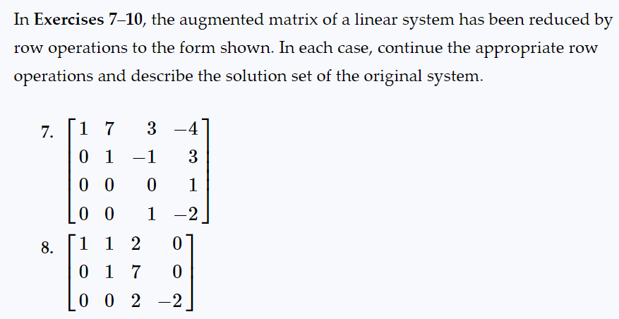 Solved In Exercises 7–10, the augmented matrix of a linear | Chegg.com