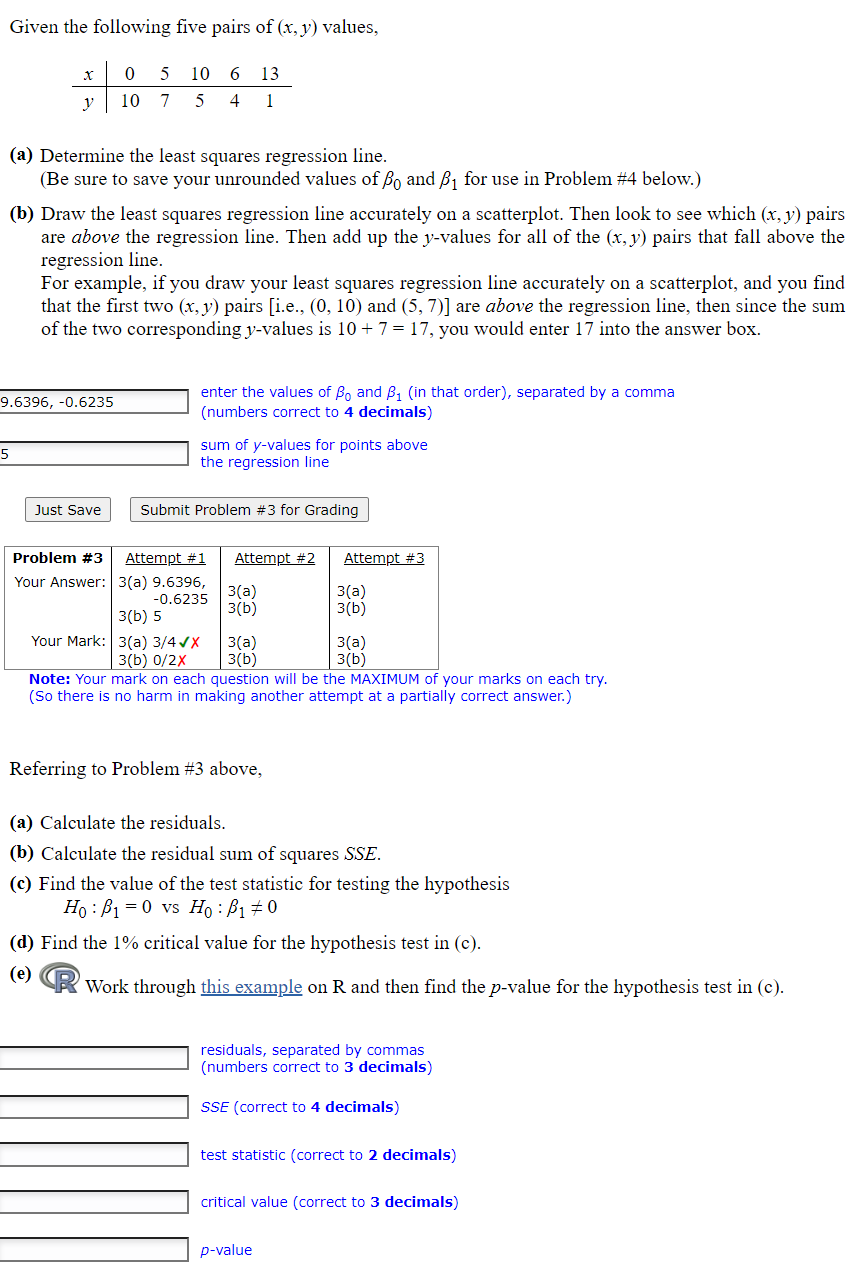 Solved Given the following five pairs of (x,y) values, (a) | Chegg.com