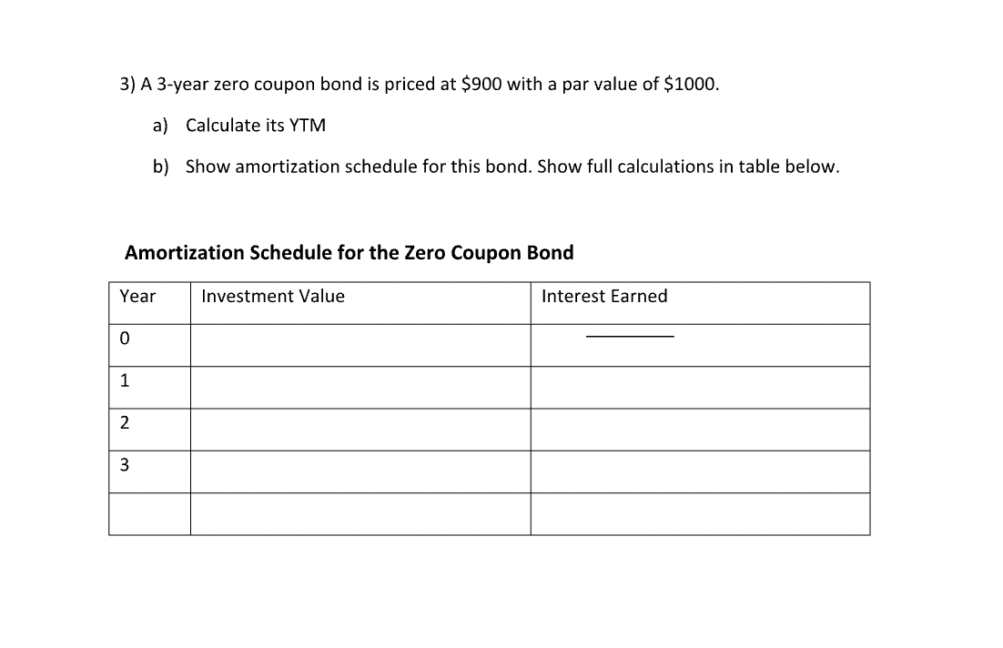Solved 3) A 3-year zero coupon bond is priced at $900 with a | Chegg.com