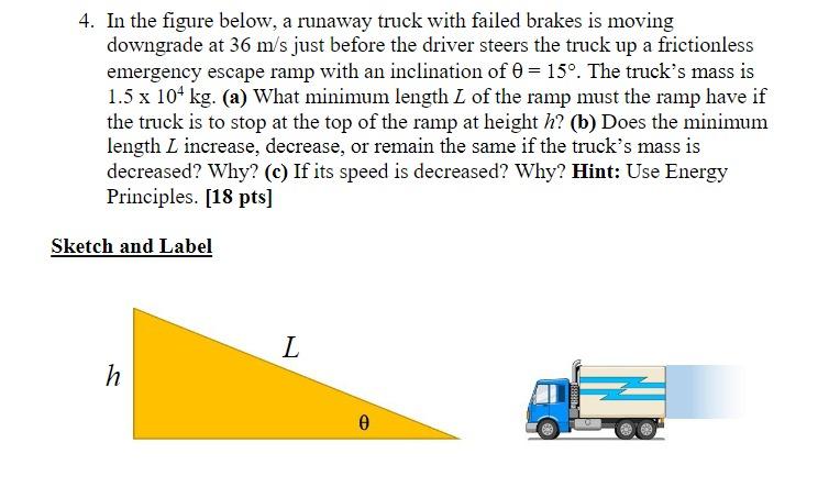 Solved 4. In the figure below, a runaway truck with failed | Chegg.com
