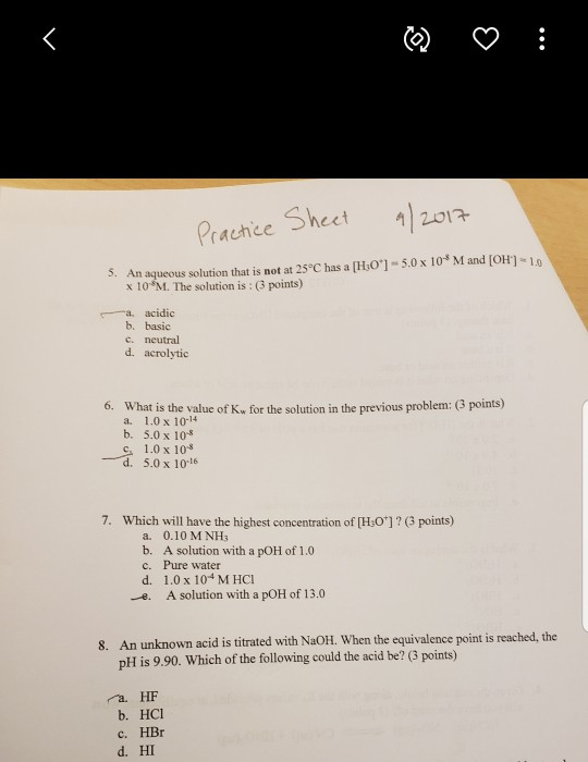 Solved Practice Sheet 9/2017 5. An aqueous solution that is | Chegg.com