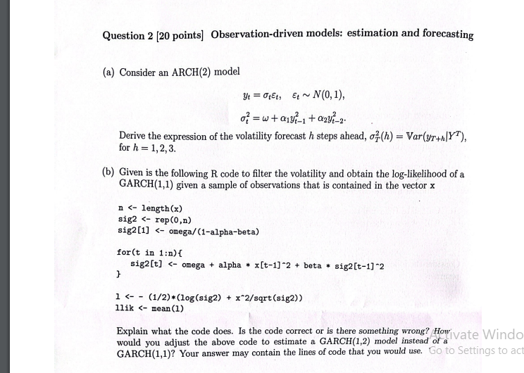 Solved Question 2 [20 Points] Observation Driven Models