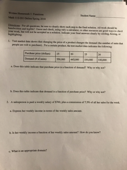 Solved Written Homework 1: Functions Math 112-201 Online | Chegg.com