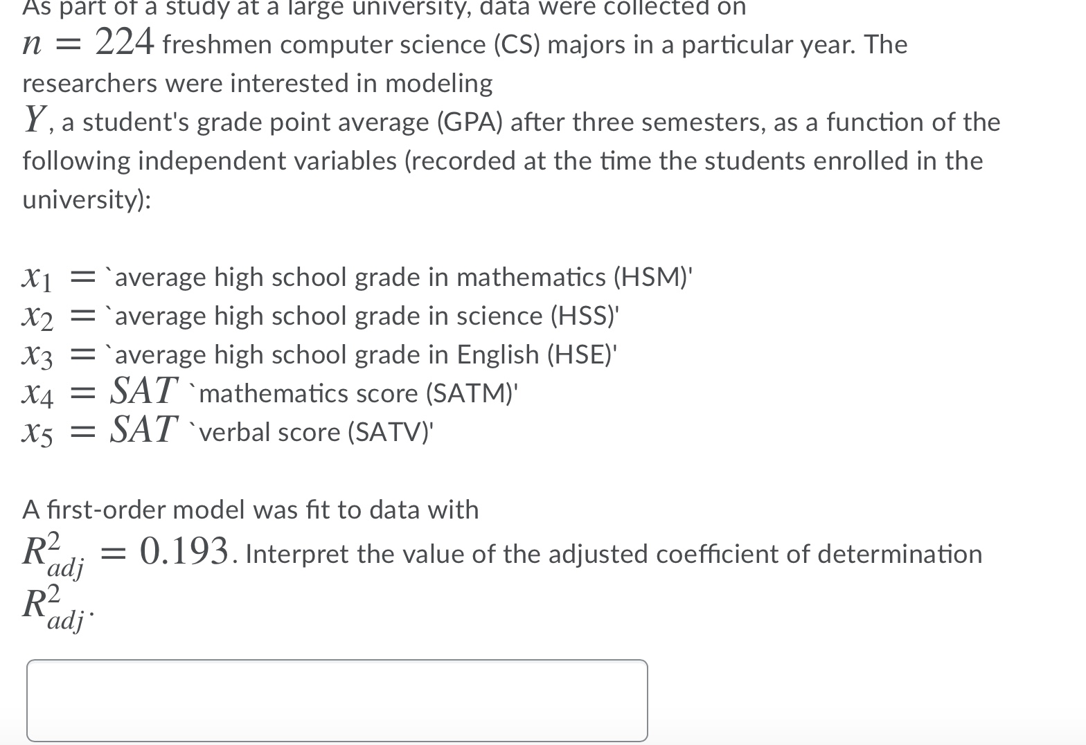 Solved As part of a study at a large university, data were | Chegg.com