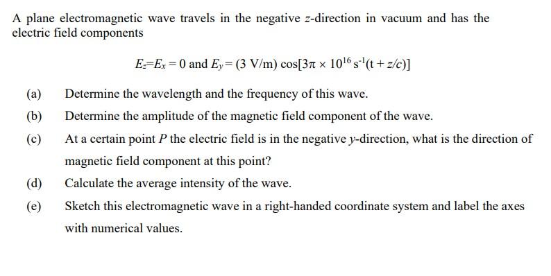 Solved A plane electromagnetic wave travels in the negative | Chegg.com