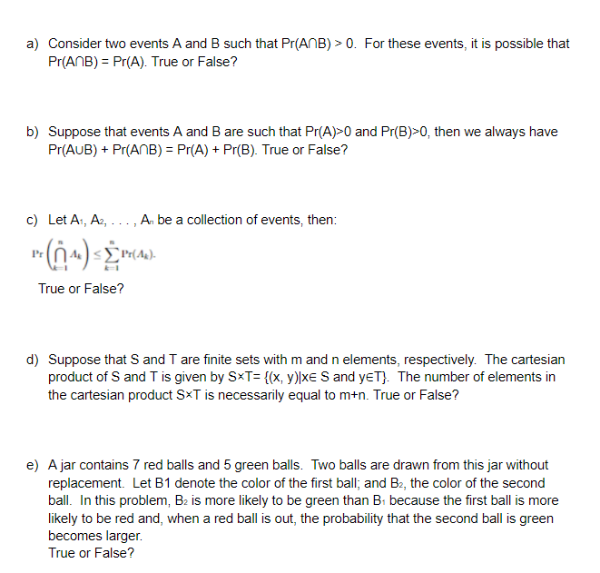 Solved a) Consider two events A and B such that Pr(ANB) > 0. | Chegg.com