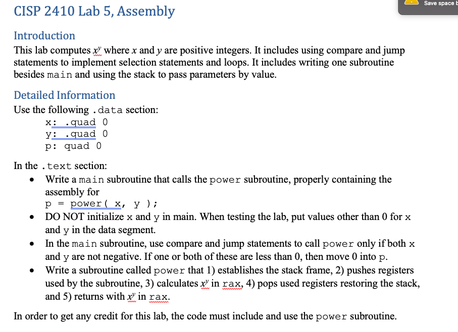 Save space CISP 2410 Lab 5, Assembly Introduction | Chegg.com