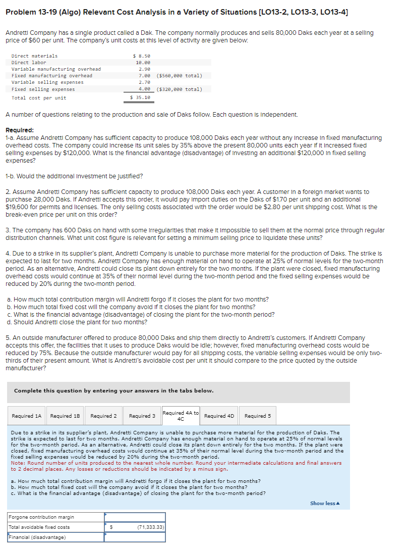 Solved Problem 13-19 (Algo) Relevant Cost Analysis in a | Chegg.com