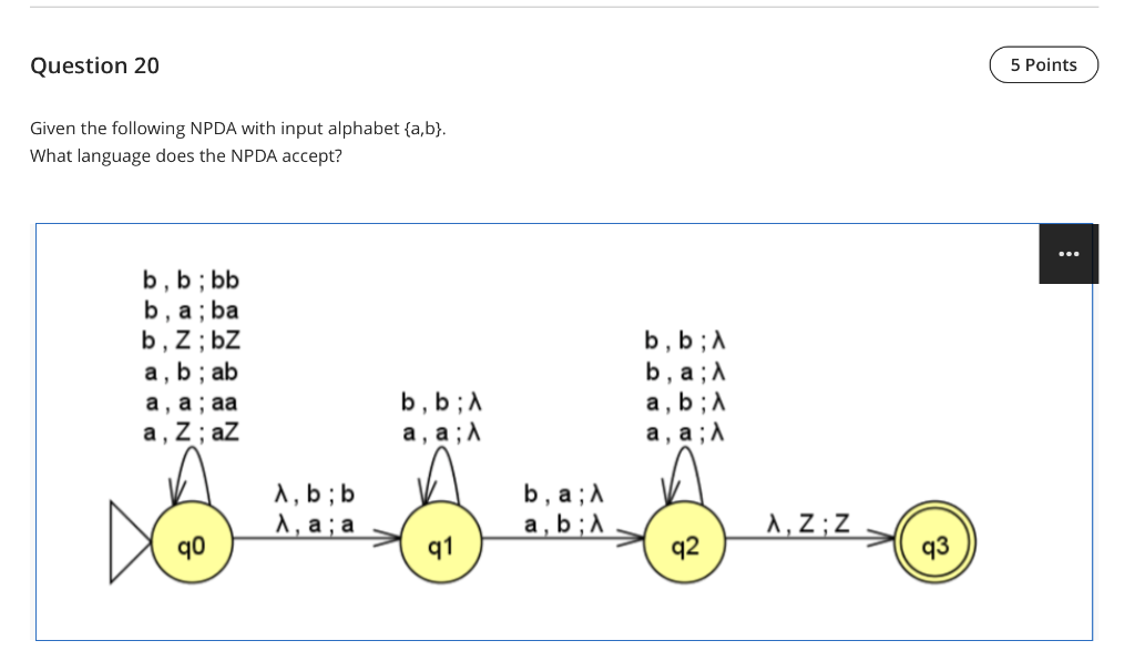 Solved Question 20 5 Points Given the following NPDA with | Chegg.com