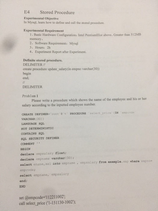 E4 Stored Procedure Experimental Objective In Mysql, | Chegg.com