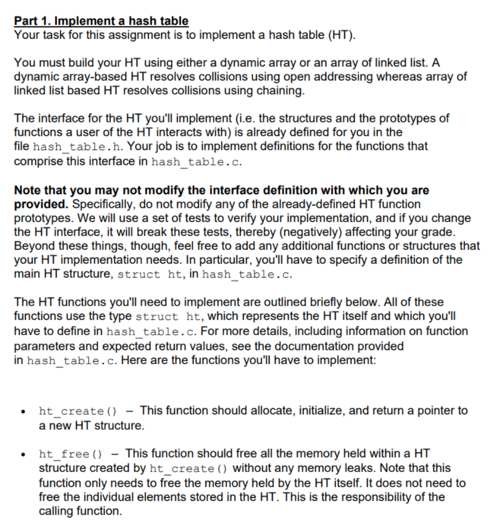Part 1. Implement a hash table Your task for this | Chegg.com