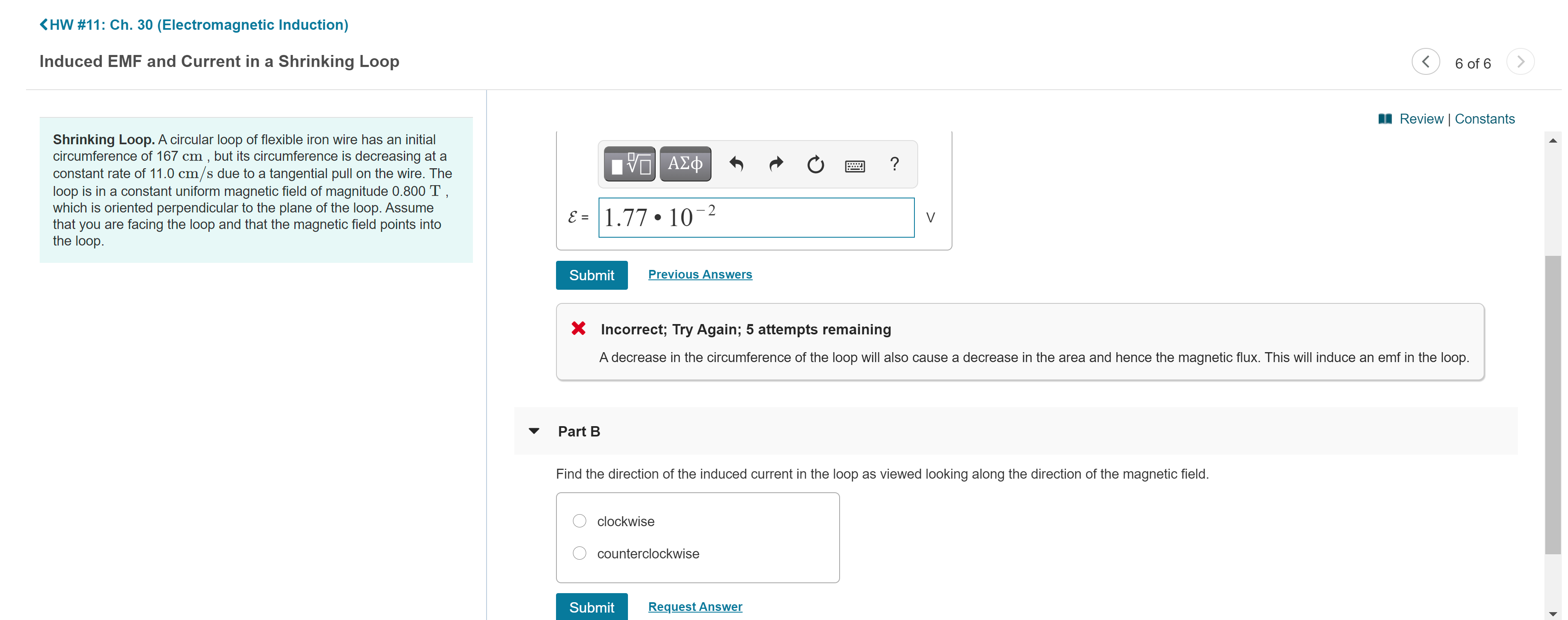 Solved Shrinking Loop. A circular loop of flexible iron wire | Chegg.com