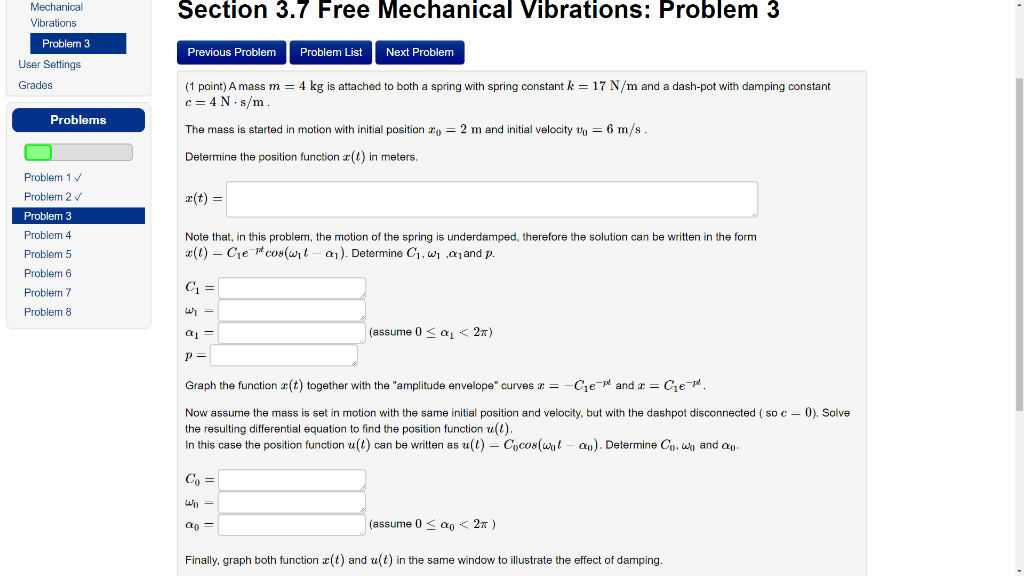 Solved Section 3.7 Free Mechanical Vibrations: Problem 3 | Chegg.com