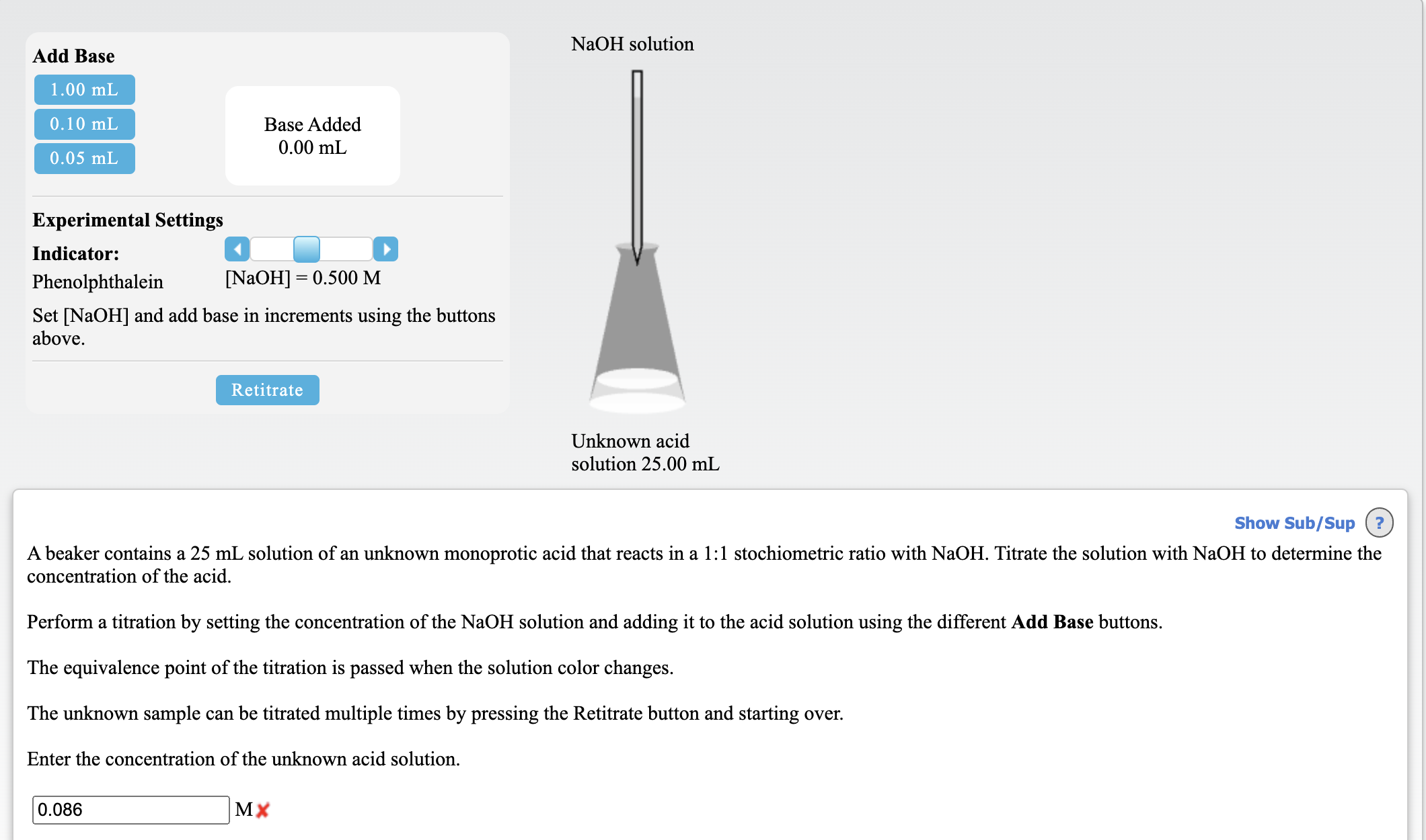 Solved Phenolphthalein [NaOH]=0.500M Set [NaOH] and add base | Chegg.com