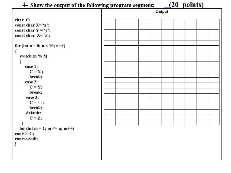 Solved 4- Show the output of the following program segment: | Chegg.com