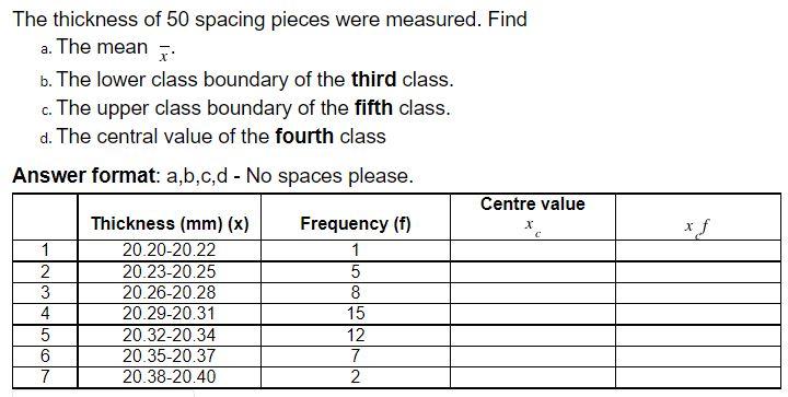 Solved The thickness of 50 spacing pieces were measured. | Chegg.com