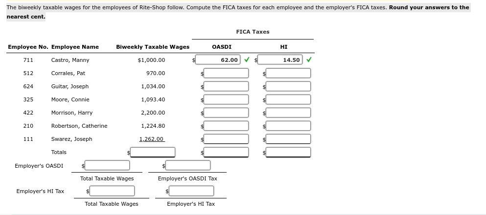 Solved The biweekly taxable wages for the employees of | Chegg.com